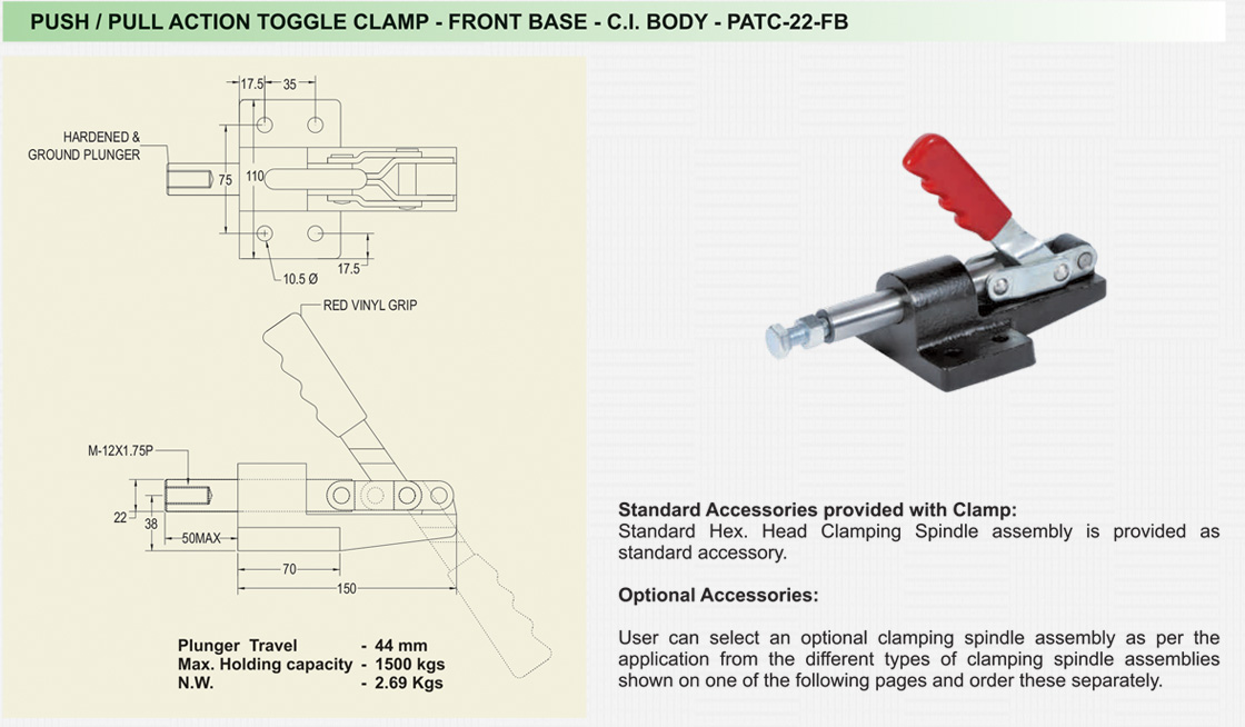PUSH / PULL ACTION TOGGLE CLAMP - FRONT BASE - C.I. BODY - PATC-22-FB