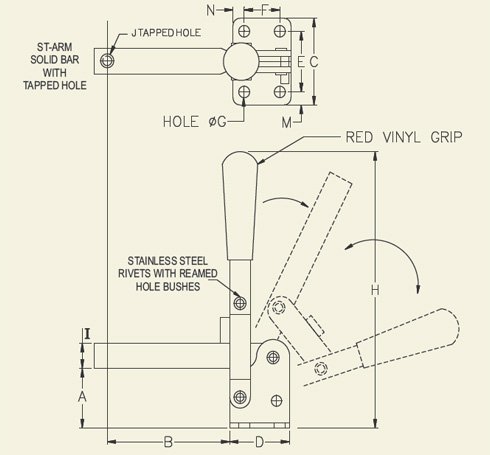 HOLD DOWN TOGGLE CLAMP - VERTICAL HANDLE - SOLID ARM